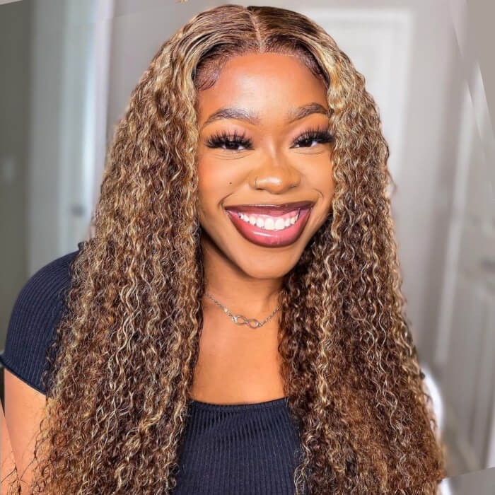 Kriyya Curly Hair Honey Blonde Ombre Highlight Wigs 13x4 Lace Front