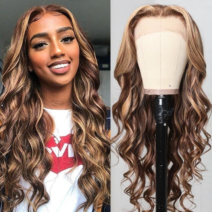 Kriyya Honey Blonde Highlight Body Wave Human Hair Wigs Ombre Color