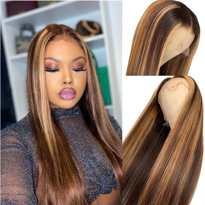 Kriyya 4 Lace Straight Lace Part Wig Honey Blond Highlight Human Hair